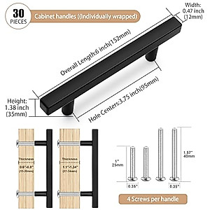 Qibaok 30 Pack Square Cabinet Handles Matte Black Cabinet Pulls 3-3/4" Hole Centers Drawer Pulls Stainless Steel Kitchen Handles for Cabinets, 6”Length Cabinet Hardware for Bathroom Farmhouse
