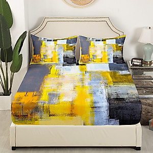 Grunge Oil Painting Sheet Set for Kids Youth Adult,Grey Yellow White Ombre Bed Sheets Queen Size,Graffiti Watercolor Painted Bedding Set,Mid Century Fitted Sheet + Flat Sheet + 2 Pillow Shams