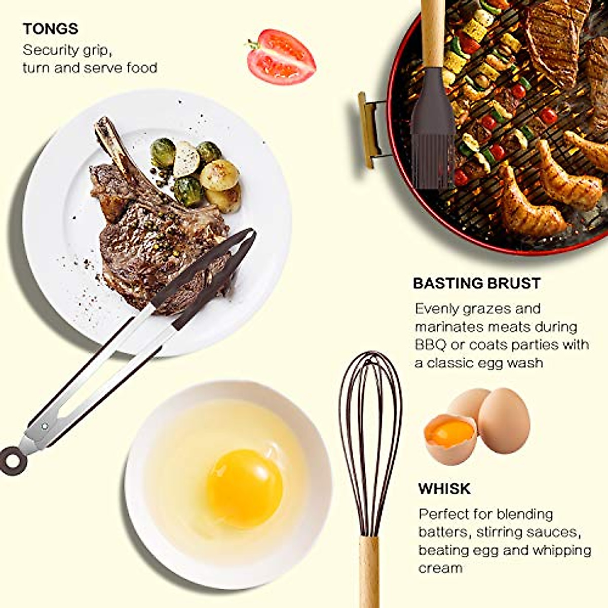 Kinfayv Silicone Cooking Utensils Kitchen Utensil Set, 21 PCS Wooden Handle Nontoxic BPA Free Silicone Spoon Spatula Turner Tongs Kitchen Gadgets Utensil Set for Nonstick Cookware with Holder (Coffee)