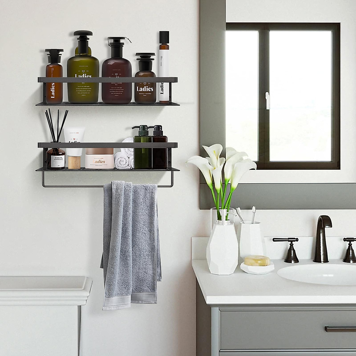 Uten Floating Shelves, Wall Mounted Updated Space Aluminum Shelves Set of 2, Bathroom Storage Shelves with Towel Rack, Wall Hanging Organizer Shelf for Bathroom, Kitchen