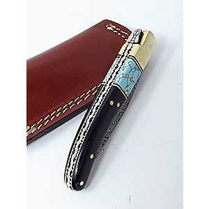 Made in Ancient Persian Indus Valley Damascus Knives Laguiole Style Pocket Knife Ram Horn & Turquoise Handle With Leather Sheath