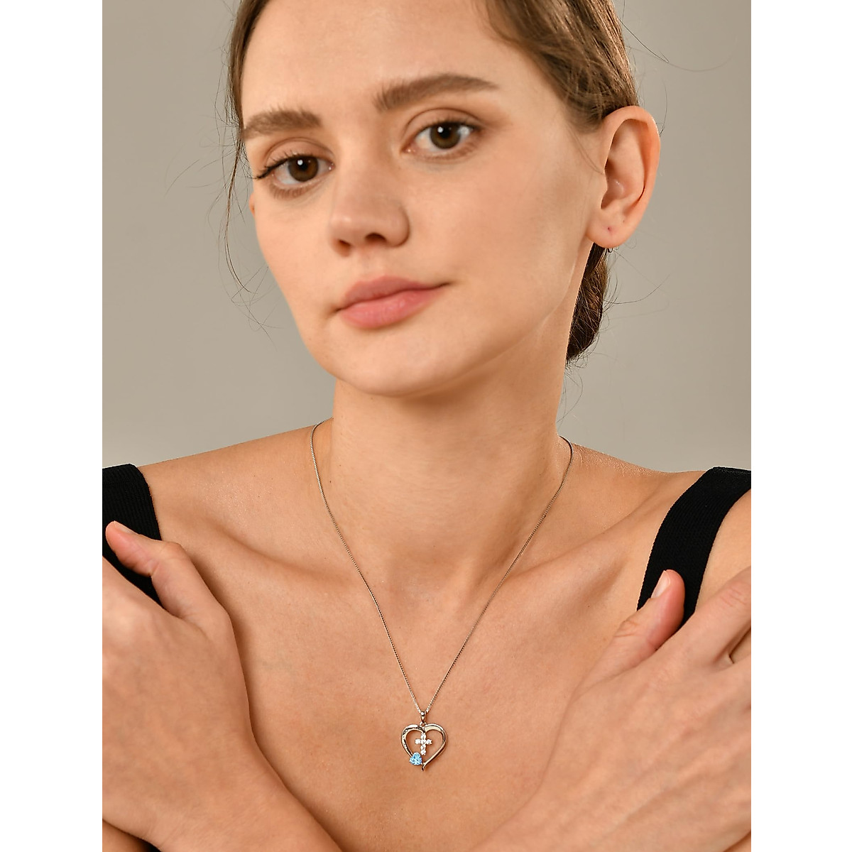 YL Women's Heart Cross Necklace 925 Sterling Silver Created Aquamarine God in my heart'' Pendant Crucifix Jewelry