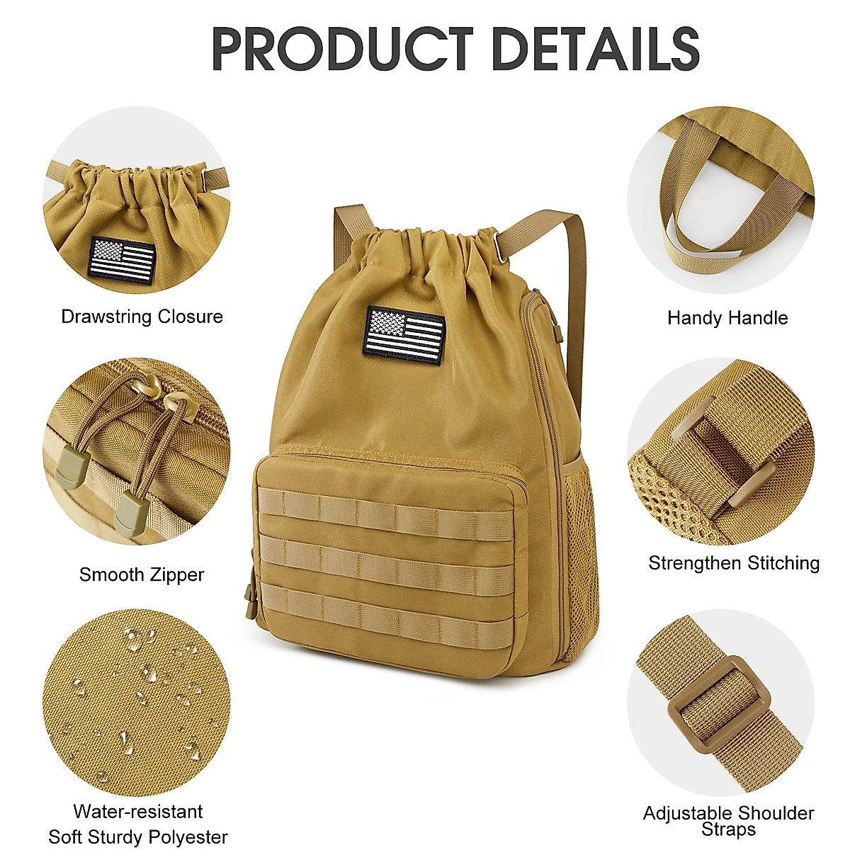 G4Free Drawstring Backpack Gym Backpack Soccer Basketball Bag with Shoes Compartment Tactical Water-Resistant String Sports Bag for Men Women(Tan)