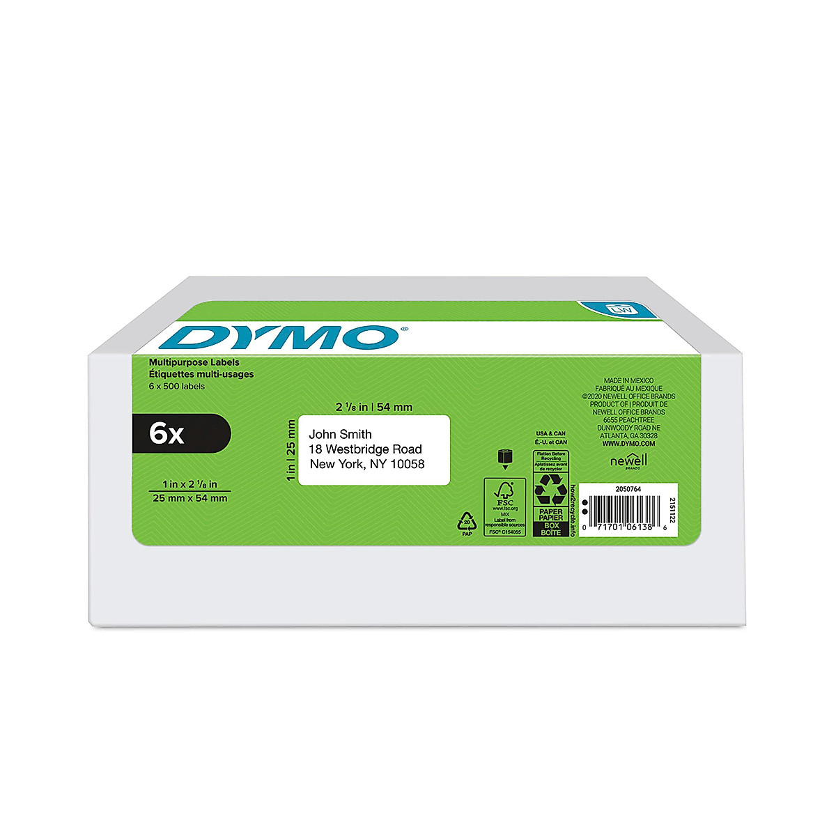 DYMO Authentic LW Multi-Purpose Labels for LabelWriter Label Printers, White, 1" x 2-1/8", 6 rolls of 500 (3000 Total)