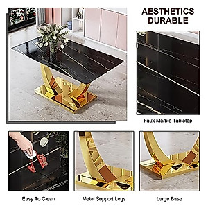 Maotifeys Luxury Black Faux Marble Dining Table Set for 6, Modern Kitchen Table with 6 Black Leather Dining Chairs 7-Piece Dining Table and Chairs for 6 with Polished Gold Metal Legs