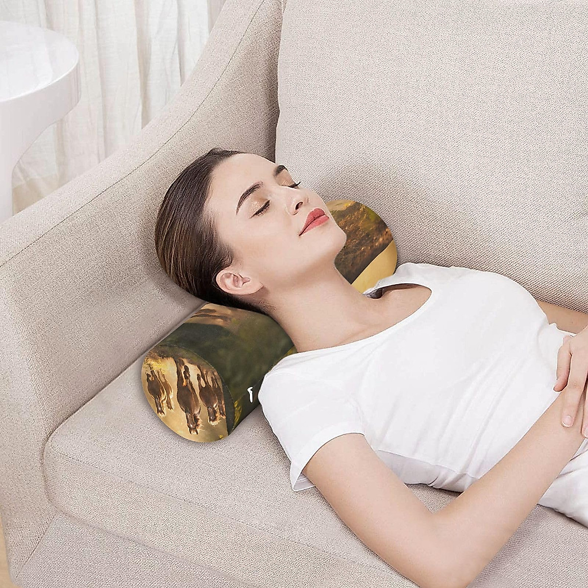 Horse Running Picture Yellow Outdoor Bolster Pillow Yoga Neck Roll Pillow Neck Round Pillow Neck Cushion Roll Pillow for Neck Support