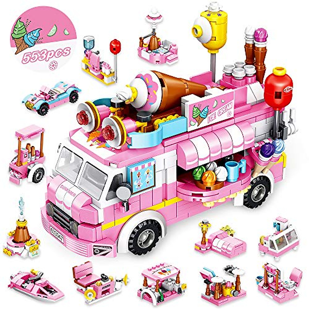 Vatos Girls Building Blocks Toys - 553 Pieces Ice Cream Truck Set Toys for Girls 25 Models Pink Building Bricks Toys STEM Toys Valentines Day Gifts for Kids Girls Age 6-12 and Up