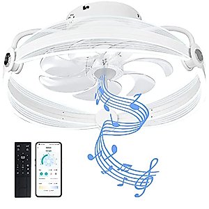 YeetFerret Flush Mount Ceiling Fan with Lights 20 Inch Bladeless Low Profile Ceiling Fan with Bluetooth Speaker Remote APP Control 3 Colors 6 Speeds Reversible (White)