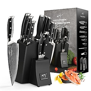 Damascus Kitchen Knife Set with Block, Razor Sharp 67-Layer VG10 Steel and Triple Rivet Handle, Included Chef/Santoku/Utility/Bread/Paring Knives, Sharpener, Kitchen Shears-Natural Wooden Block, 9Pcs