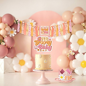 Vansolinne Groovy One High Chair Banner Kit Hippie 1st Birthday Decorations for Pink Boho Cake Smash Daisy Photo Booth Props One Retro Groovy Baby Party Supplies for Baby Girl