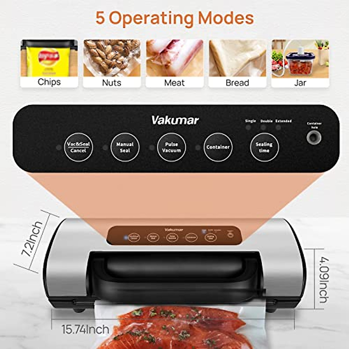 Food Vacuum Sealer Machine, Vakumar 3206 patented handle food vacuum sealer, 80kPa super suction force, used more than 200 times will not overheat, with dry / wet 5 kinds of vacuum function suitable for home and commercial use