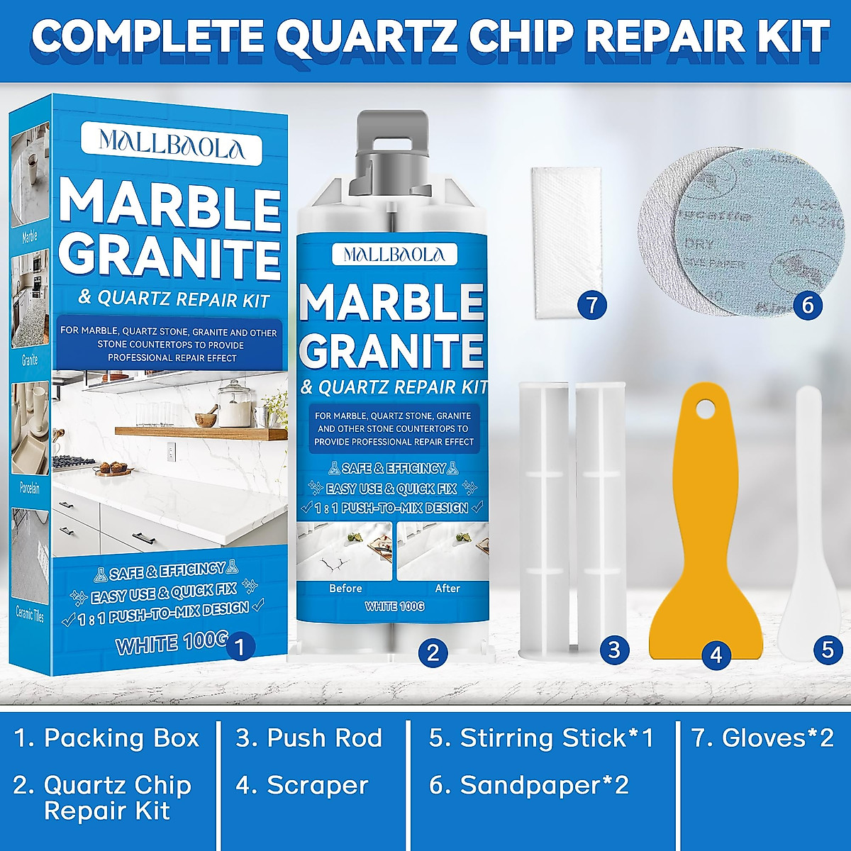 Quartz Countertop Chip Repair Kit, White Granite Repair Kit, Marble Repair Kit, Porcelain Repair Kit for Granite, Marble, Quartz Stone, Porcelain and Other Stone Surface Crack Quartz Chip Repair Kit