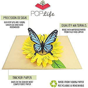 PopLife Blue Butterfly and Sunflower Pop Up Mother's Day Card - 3D Anniversary, Valentine's Day Card, Thank You, Happy Birthday - for Mom, for Wife, for Daughter, for Sister