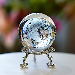 H&D HYALINE & DORA 2.3 inch (60mm) Clear Crystal Glass Ball Paperweight 3D Laser Engraved Earth Globe World Map Ball with Metal Stand Decor