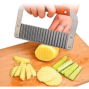 Super Leader Crinkle Cutting Tool French Fry Slicer Stainless Steel Blade Wooden Handle Vegetable Salad Chopping Knife for chopping veggies, cutting fruit, potato, soap, waffle fries, pickle (Arc) (1)