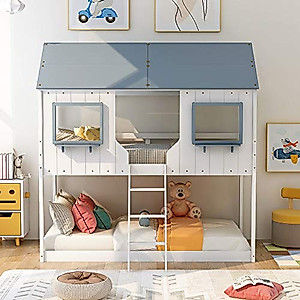 Lepfun Bunk Bed,Twin Over Twin Size Bunk Bed Wood Bed with House-Shaped Roof and Window for Bedroom,Guest Room and Dorm,Wooden Bunk Bed with Guardrail and Ladder,No Box Spring Needed,White