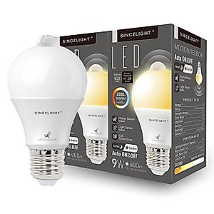 SINCELIGHT Motion Sensor LED Light Bulb 9W E26, PIR Motion-Activated in The Dark, Automatically ON/Off by Dual Sensors, Warm White 3000K, Pack of 2