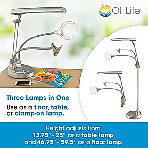 OttLite Ultimate 3-in-1 Craft Lamp, (Floor, Table and Clamp-On Lamp) 24w Energy Efficient Light Bulb for Bright Natural Daylight - Built-in Outlet, Adjustable Neck, 2X Magnifier & Versatile Height