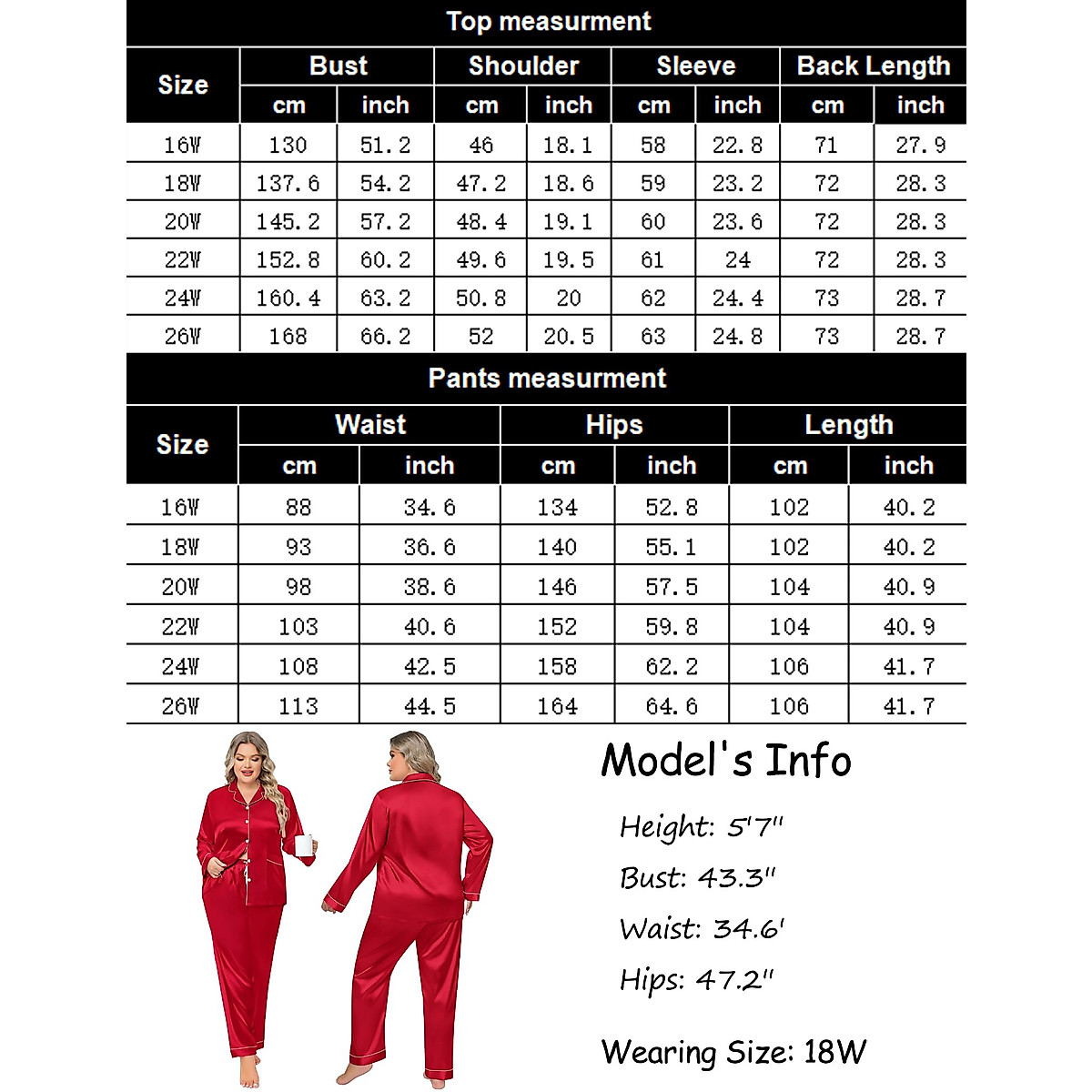 SWOMOG Women Plus Size Long Sleeve Pajamas Silk Satin Pajama Sets Button Down Sleepwear Pjs Loungewear with Pockets Red Apple