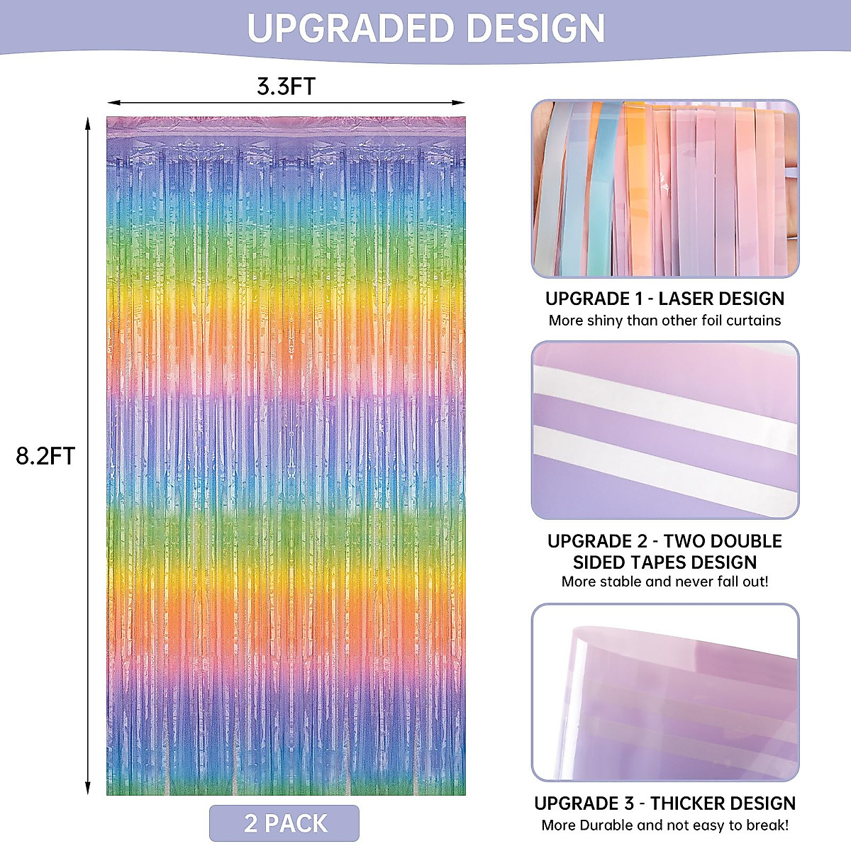 2 Pack 3.3 x 8.2 ft Tinsel Foil Fringe Curtain Backdrop, [Upgraded] Rainbow Metallic Streamers Backdrop Curtains for Birthday Decorations Girls Princess Bachelorette Unicorn Party Decorations