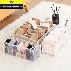 AmasSmile Wardrobe Clothes Organizer, 7 grids Washable Clear Mesh Closet Organizers and Storage Bins Drawer Dividers for Underwear，Bra, Underpants, Socks(3PCS BEIGE)
