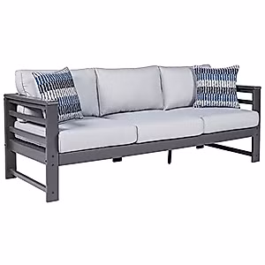 Signature Design by Ashley Outdoor Amora HDPE Patio Sofa with Cushion, Charcoal Gray
