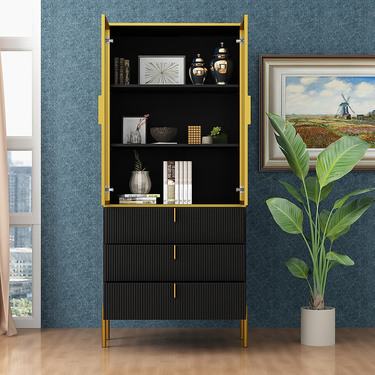 ECACAD Modern Bookcase Storage Cabinet with 2 Glass Doors and 3 Ripple Drawers, Wood Bookshelf Display Cabinet with Metal Legs for Living Room & Office, Black (31.5”L x 15.7”W x 71.9”H)