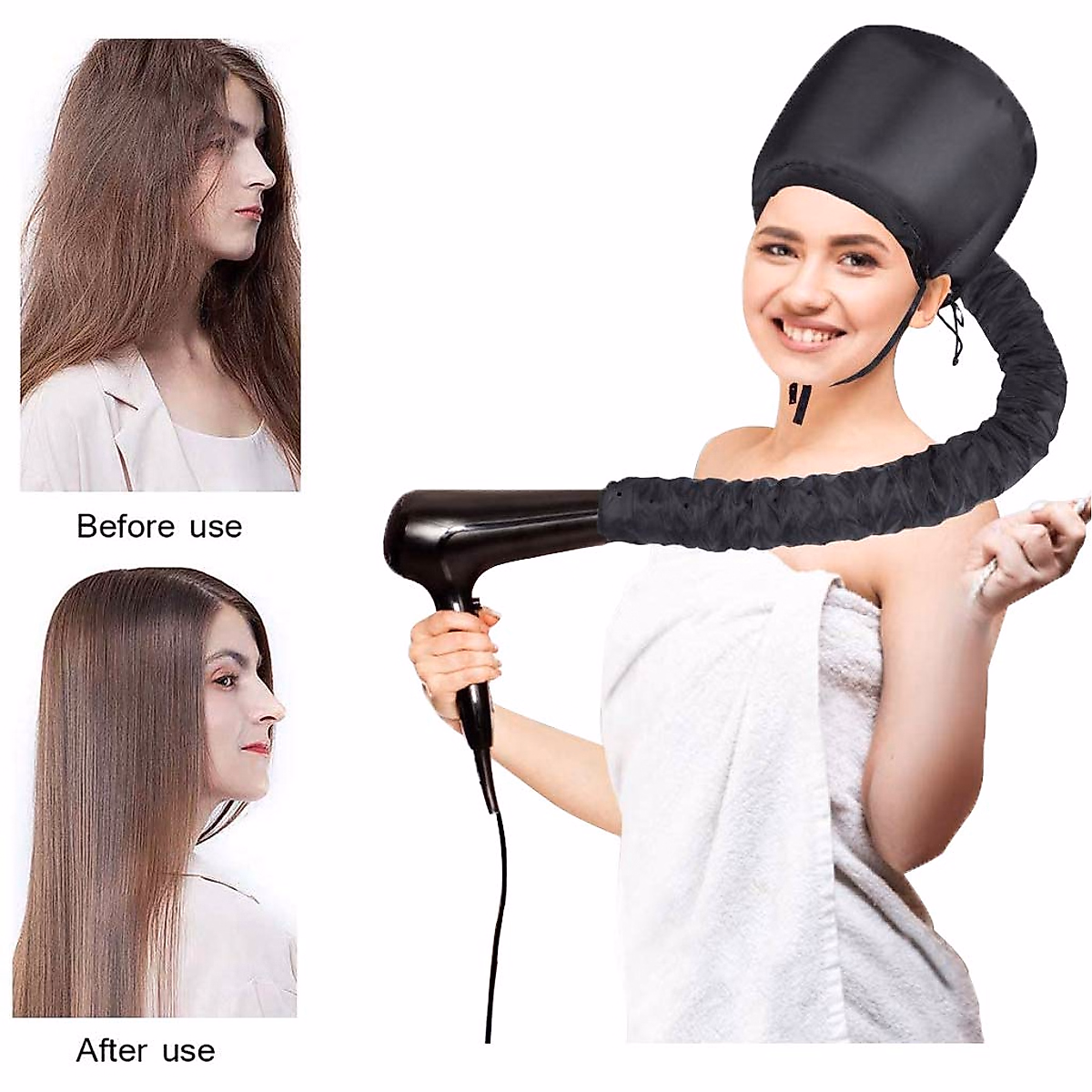 Bonnet Hair Dryer, ZEEFOO Portable Hooded Hair Dryer Attachment Cap for Styling, Curling and Hair Deep Conditioning, Soft Adjustable Large Hooded Bonnet for Hand Held Hair Dryer, Black