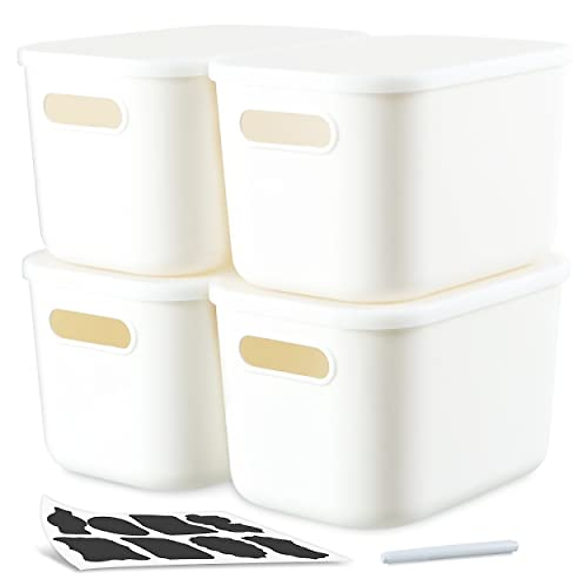 Citylife 6 Packs Plastic Storage Bins with Bamboo Lids White Storage Box with Handle Stackable Containers for Organizing