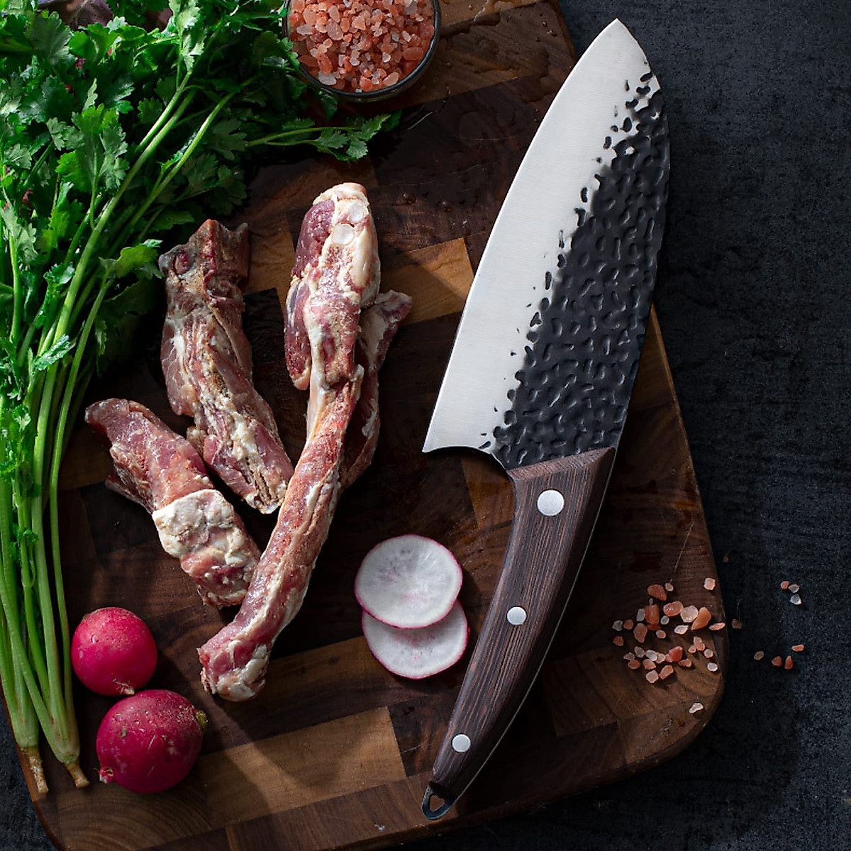 iSMLIKE 7 Inch Chef Knife Handmade Forged Retro Meat Cleaver Professional High Carbon Stainless Steel Kitchen Knives with Full Tang Wenge Wooden Handle Cooking Knife