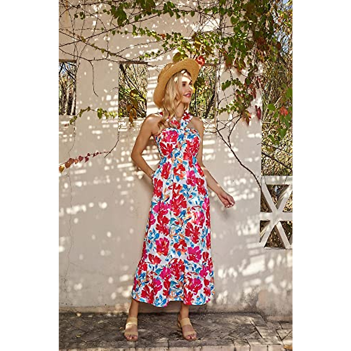 2023 Women's Summer Halter Neck Flowy A Line Floral Maxi Long Dresses Multicolor S