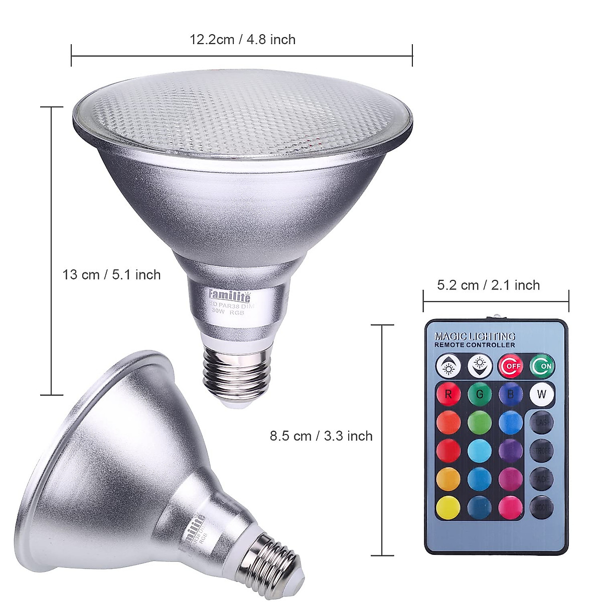 Familite PAR38 LED Floodlight Bulb, 30W Color Changing Light Bulb, Remote Controlled RGB Landscape Light, Dimmable E27 Based Waterproof Lawn Lamp for Holiday Party Courtyard Decor (2pcs)