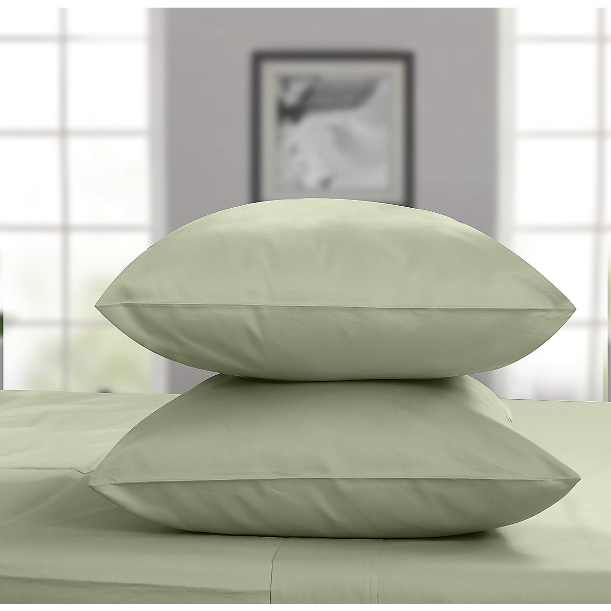Threadmill King Size Pillow Cases Set of 2-100% Pure Cotton 300 Thread Count Sateen Weave Sage Green Pillow Cases - Ultra Soft & Silky Comfortable Bed Pillow Covers - Hotel Quality Pillow Protectors
