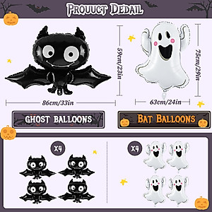 FEBSNOW Halloween Foil Balloons 8 Pack Halloween White Ghost Black Bat Mylar Balloons 30 Inch Halloween Decor Balloons for Halloween Party Favors Supplies