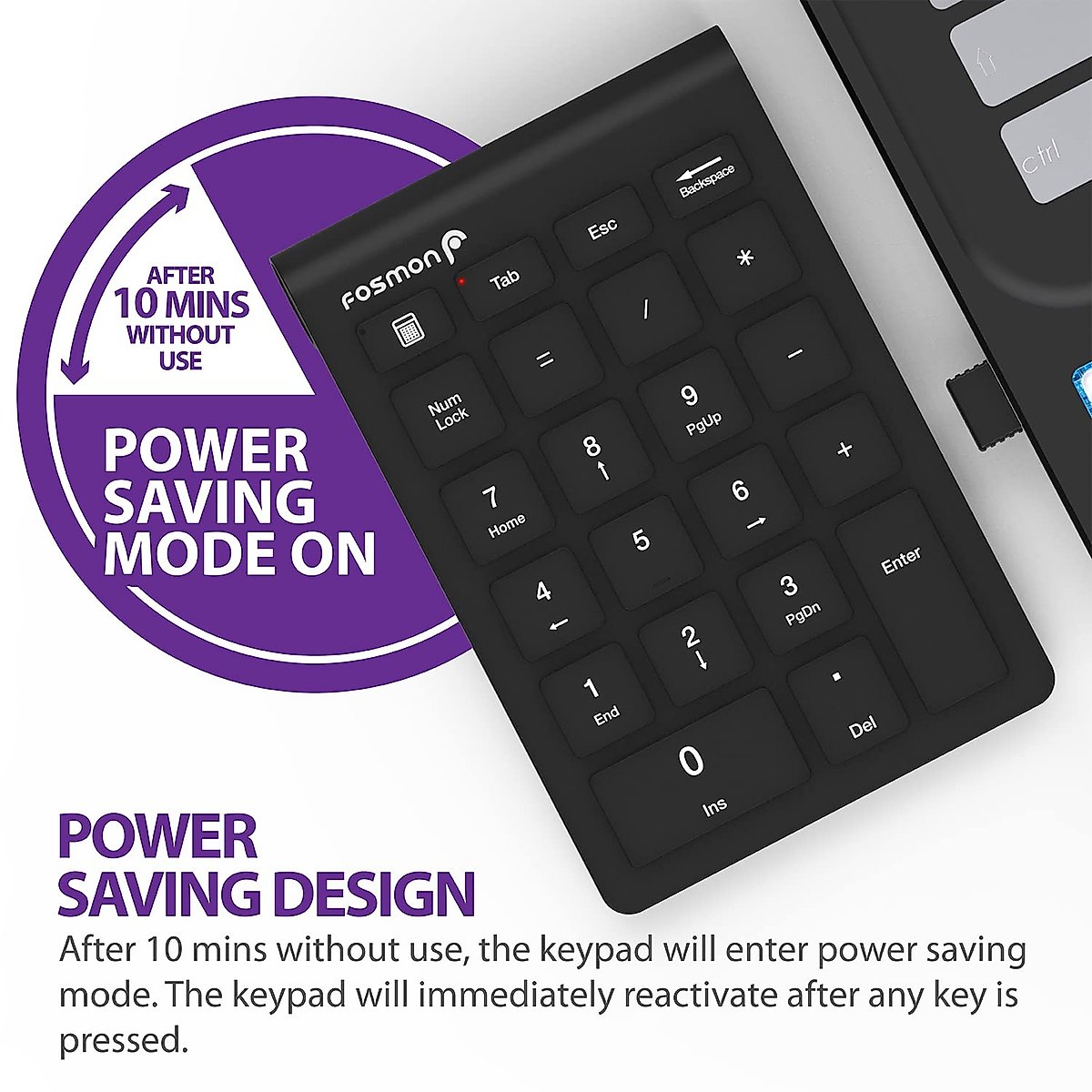 Fosmon 22 Key Numeric Keypad, Wireless USB Adapter 2.4GHz Numpad, Ten Keys Shortcut Function & Hotkey, Up to 33FT Device Distance, Compatible with USB Port Laptop, PC, Desktop, Surface Pro, Notebook