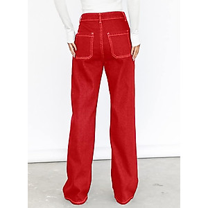 Dokotoo Wide Leg Jeans for Women Casual High Waisted Cargo Jeans Denim Pants Red Size 12