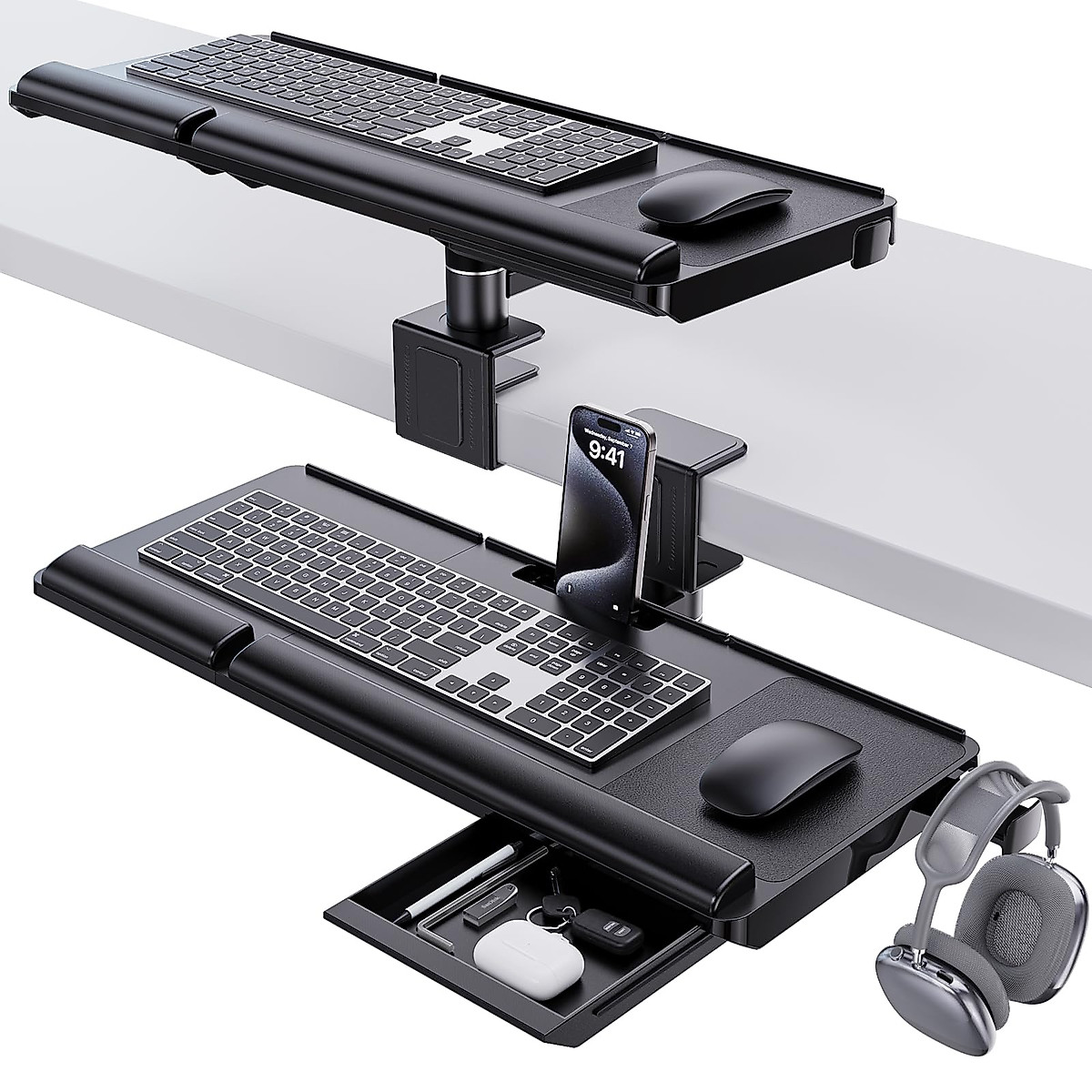 Tilt&Height Adjustable Keyboard Tray Under Desk or Above Desk - Klearlook 2 in 1 PU Leather Clamp-on Rotating Keyboard Platform w/Wrist Rest&Drawer(Under Desk,Upon Desk),25x11"Sit Stand Keyboard Riser
