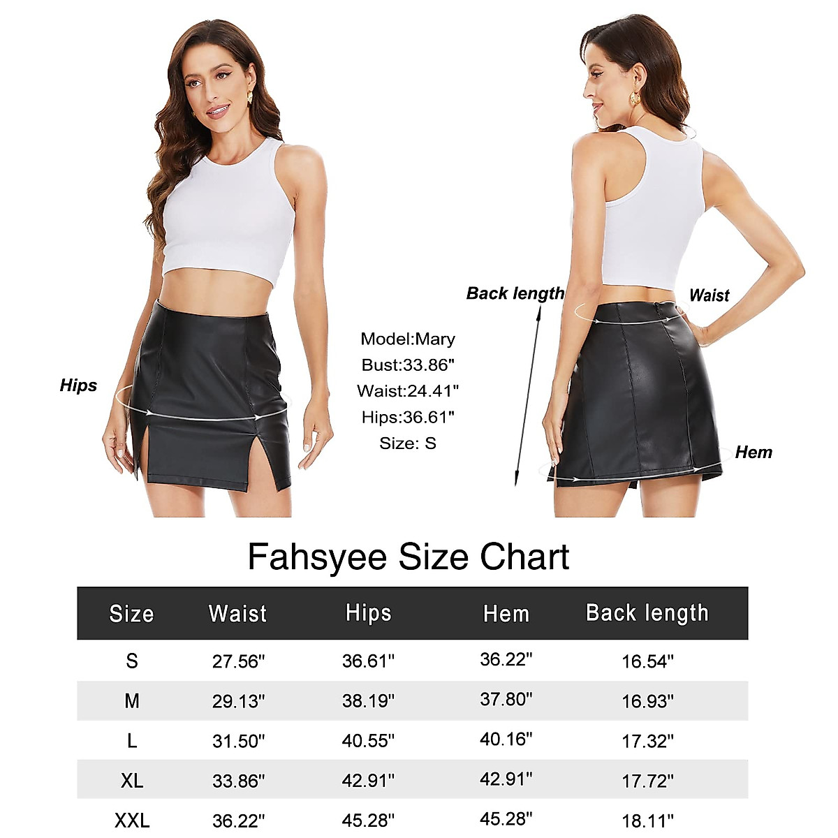 Fahsyee Leather Split Skirt, Black Women Faux Mini Elastic High Waist Plus Size Pencil Aline Bodycon Vegan Stretch Elegant Skirts L