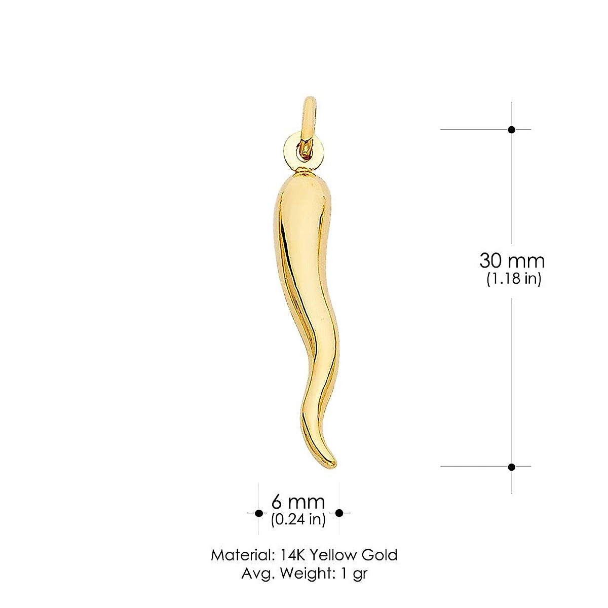 Ioka - 14K Yellow Gold Cornicello Italian Horn 30MM Charm Medium Size Good Luck Pendant For Necklace or Chain