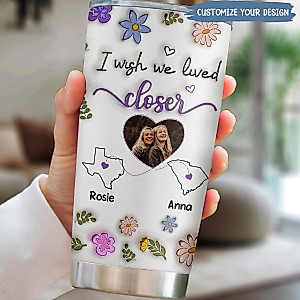 Wrappiness I Wish We Lived Closer Tumbler - Personalized 3D Inflated Effect 20Oz Tumbler Long Distance Friendship Gift, Custom Photo State to State Mug Gifts for Sister Best Friend Bestie (A02)