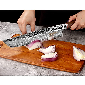 YOUSUNLONG Tanto Chef Knife 10 inch Japanese Hammered Damascus Steel - Natural Walnut Handle with Leather Sheath