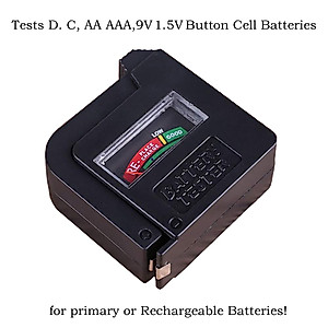 Battery Tester,Universal Battery Checker Meter,Multi Purpose Household Battery Load Tester Checker for AA/AAA/C/D/9V/1.5V Small Button Cell Batteries 12 V Lantern Cells & More (Black)