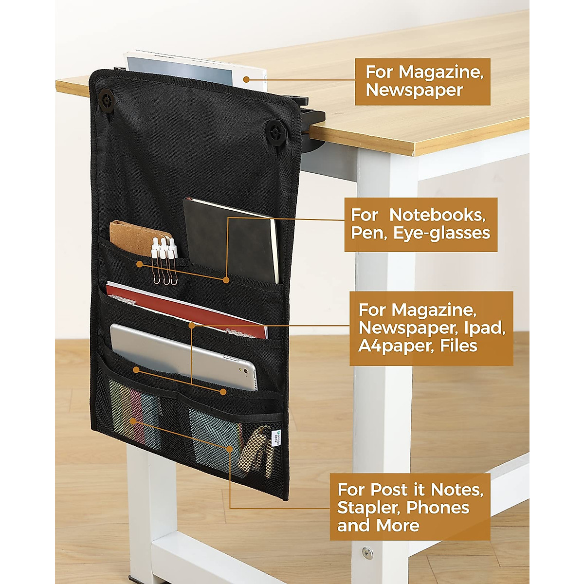 yamagahome Desk Cup Holder Clamp with Hanging Storage Bag, 2 in 1 Table Cup Holder Clip for Desk, Anti-Spill Tableside Cup Holder with Hanging Organizer for Home Office, College Dorm Rooms, RV