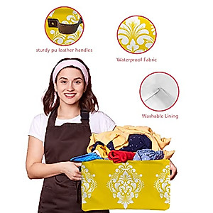 Yellow Storage Bins for Organizing, Decorative Large Closet Organizers with Handles Cubes - 2 Pack Fabric Baskets for Shelves, Closets, Laundry, Nursery, Classical Luxury Damask Texture