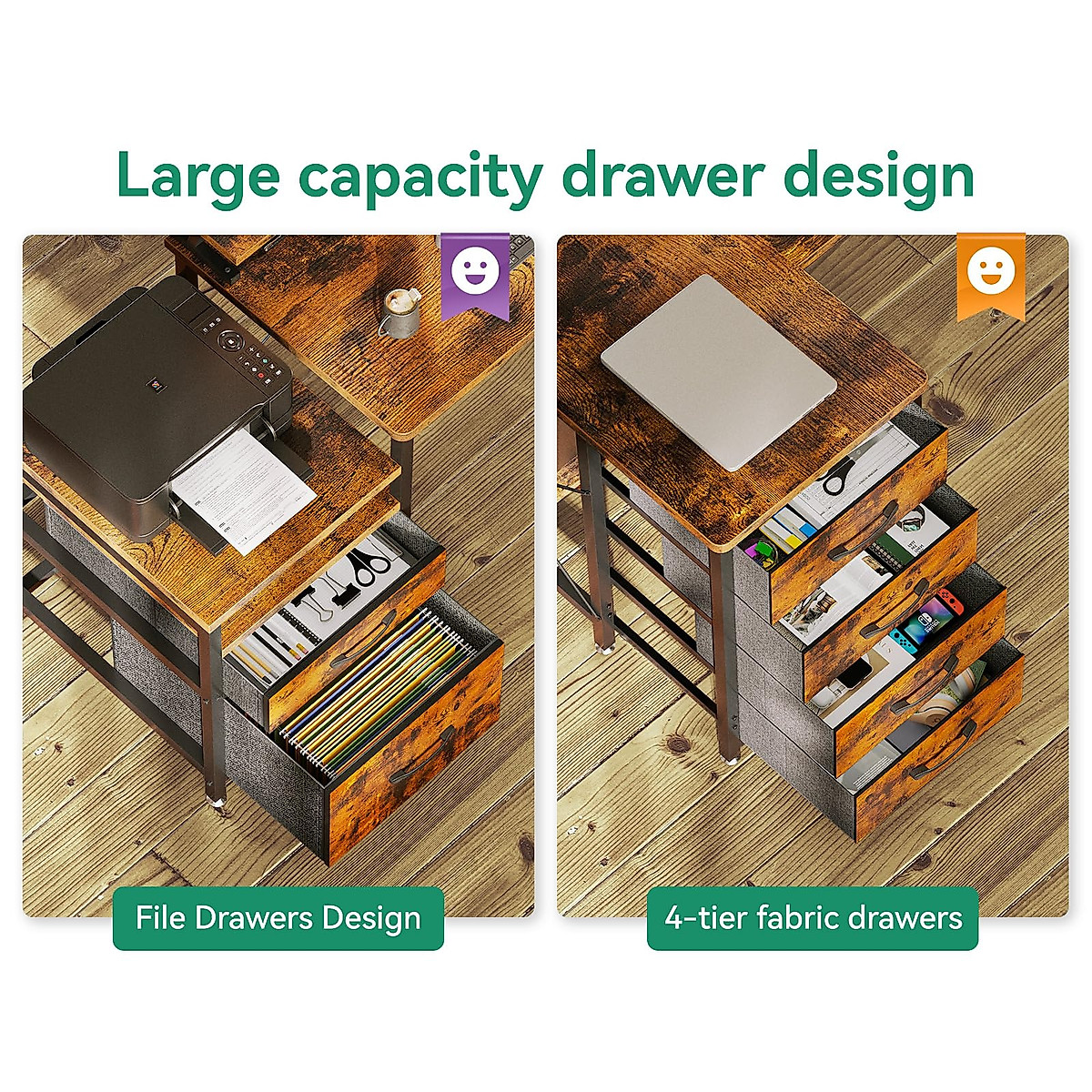 AODK L Shaped Desk with 6 Drawers & Power Outlet, 72 Inch Computer Desk with File Drawer & Printer Storage Shelves, Reversible Desk with Monitor Shelf for Home Office, Rustic Brown