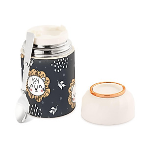 JUNZAN Handdrawn Cute Lion Cartoon Animals Kids Womens Food Insulated Jar with Spoon 17oz/500ml Lunch Box Containers Stainless Steel Vacuum Portable Lunch Boxes for Office Accessories