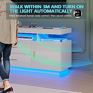 LVSOMT High Gloss Entertainment Center White with 3-Colors Lighting, LED Modern TV Stand for 65+ inch TV, Home Storage Cabinet, Console Media Cabinet for Living Room (Pearl White)