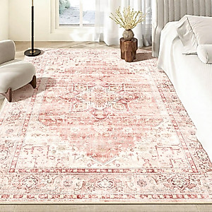 Brakki 5x7 Area Rugs Washable, Pink Rug for Living Room Bedroom Dining Room Kitchen, Soft Floral Vintage Distressed Carpet Non Slip, Boho Rug for Girls Boys Home Decor