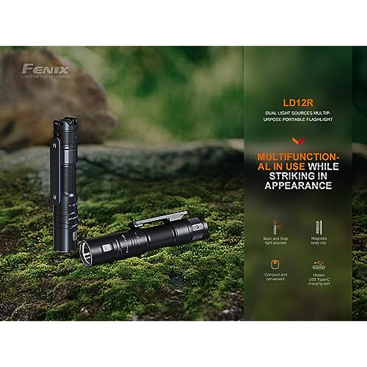 Fenix LD12R EDC Flashlight, 600 Lumen USB-C Rechargeable, AA Compatible, Main and Side Dual LEDs Work Light with Magnetic Clip and Lumentac AA Organizer