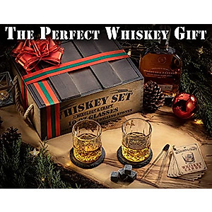 Mixology Whiskey Gift Set, Whiskey Glass Set with Rustic Wooden Crate, 8 Granite Whiskey Rocks Chilling Stones, 10oz Whiskey Glasses, Gift for Men, Dad, Husband, Boyfriend - Jameson Dark Brown